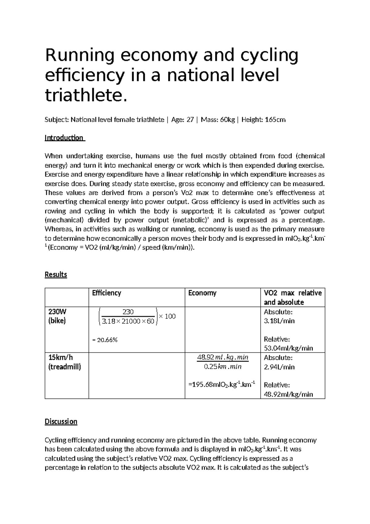 AT1 Lab report - Running economy and cycling efficiency in a national ...