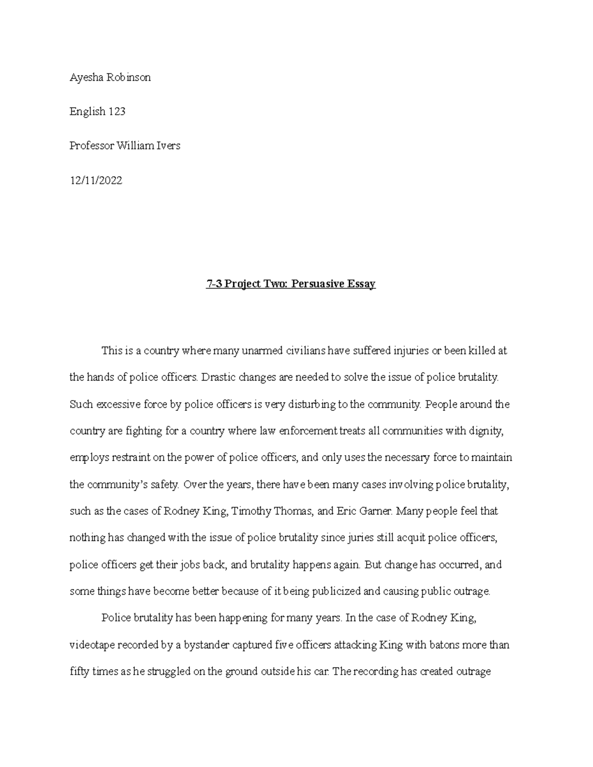 7-3 Project Two Persuasive Essay - Ayesha Robinson English 123 ...