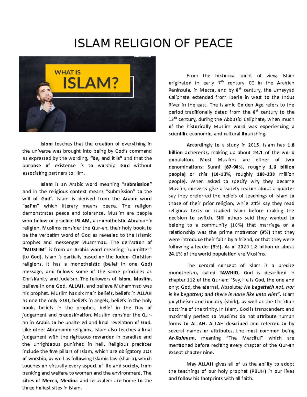 Cosign Feature Writing - ISLAM RELIGION OF PEACE Islam teaches that the ...