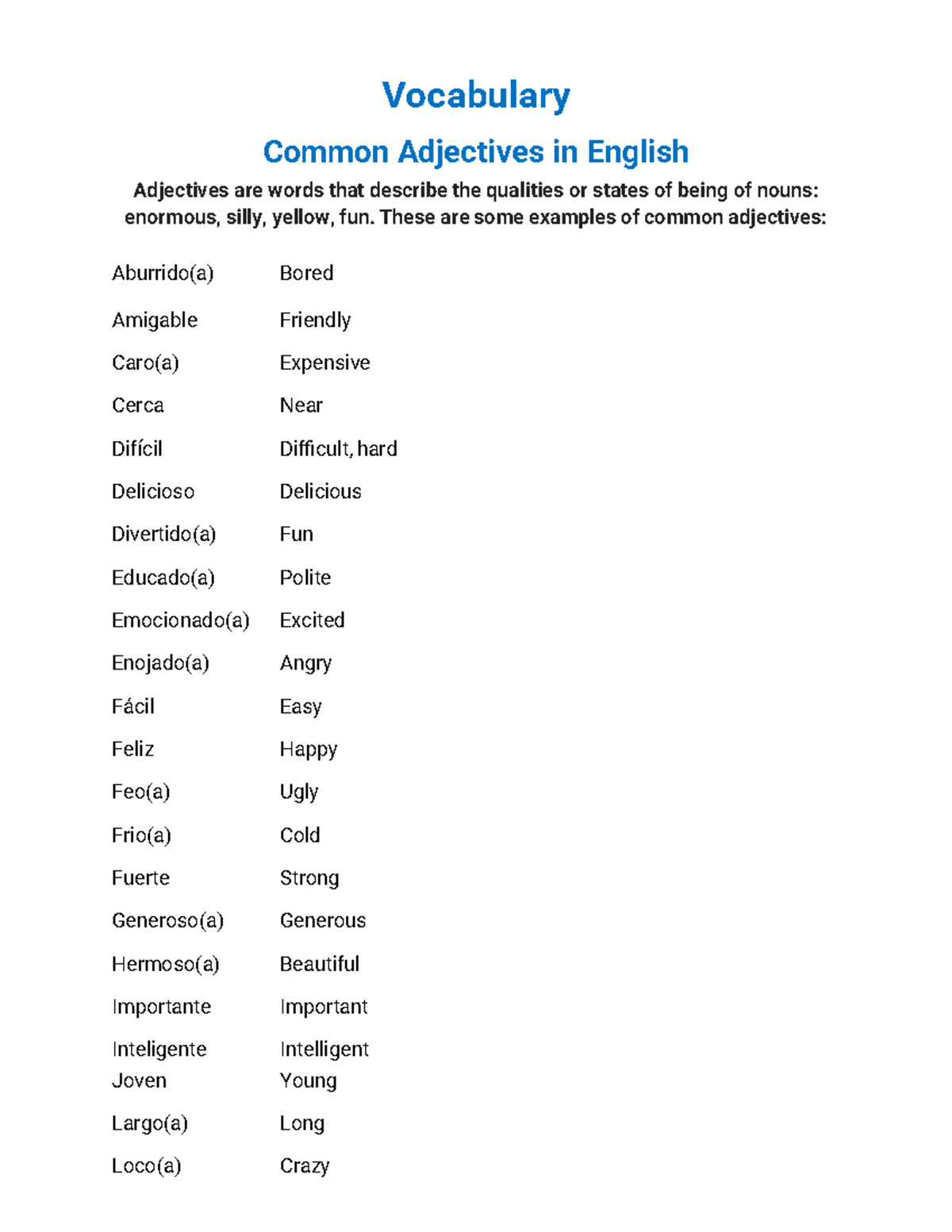 Worksheet 1 Vocabulary - Vocabulary Common Adjectives in English ...