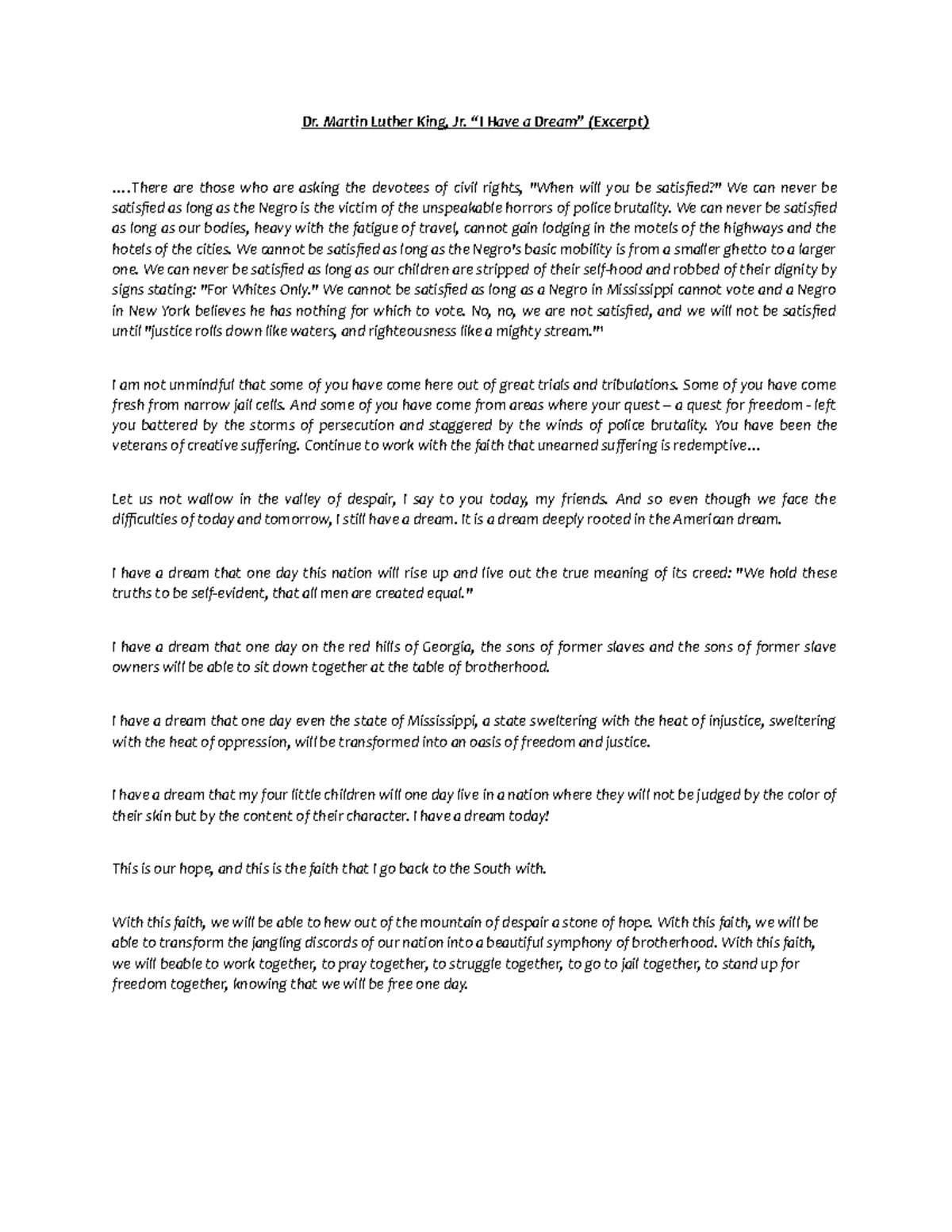 I Have A Dream Script Copy - Dr. Martin Luther King, Jr. “I Have a ...