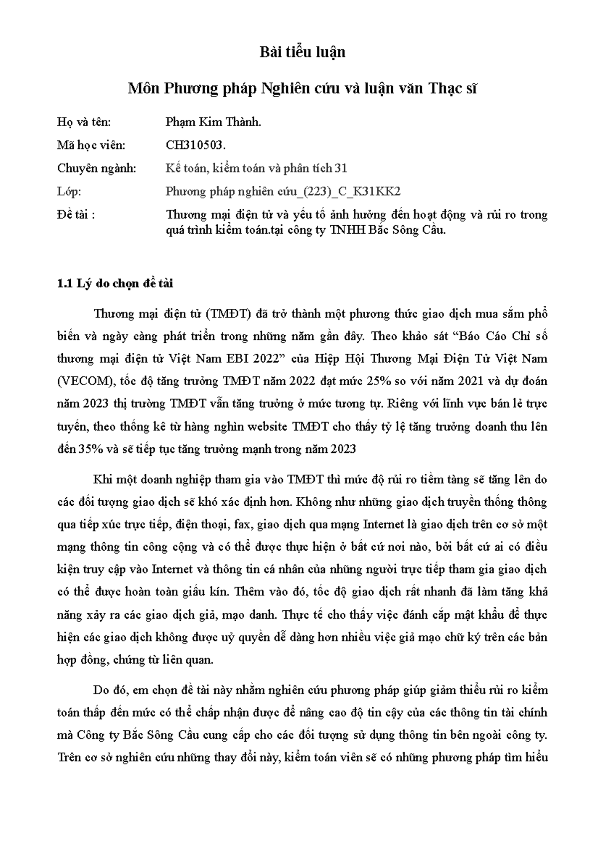 PPNC Phạm Kim Thành CH310503 - Bài tiểu luận Môn Phương pháp Nghiên cứu ...