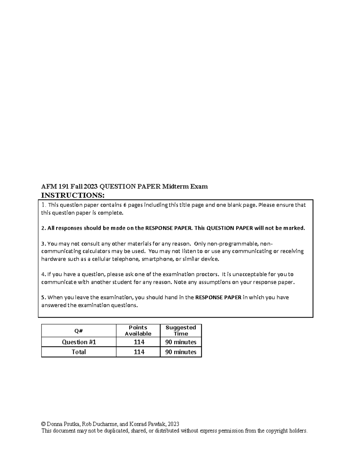 AFM 191 F23 Midterm - © Donna Psutka, Rob Ducharme, and Konrad Pawlak, 2023 AFM 191 Fall 2023 ...