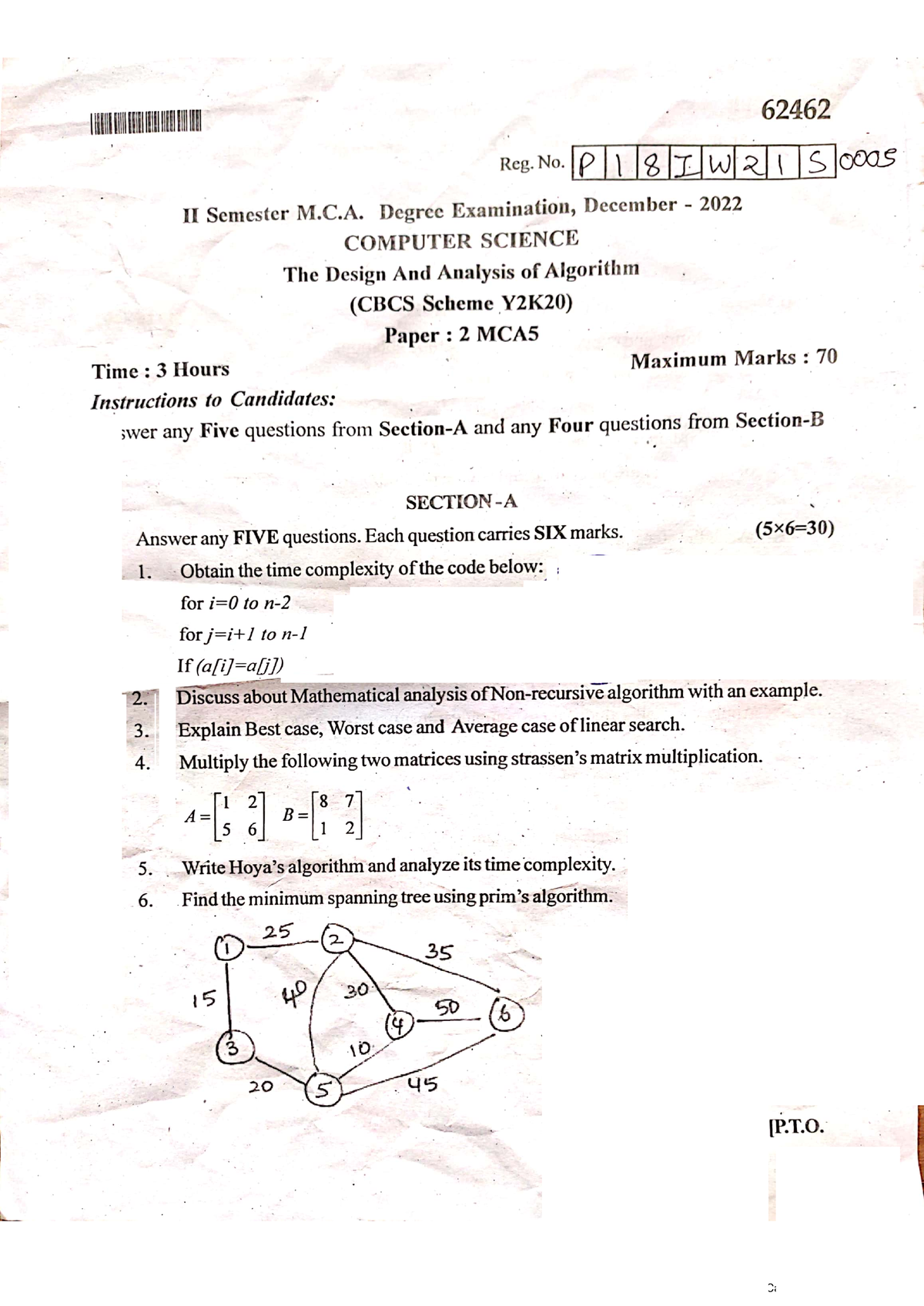 The-Design-of-Analysis-of-Algorithms - 62462 Reg. No. P18IW215 II Semester M.C. Degree ...