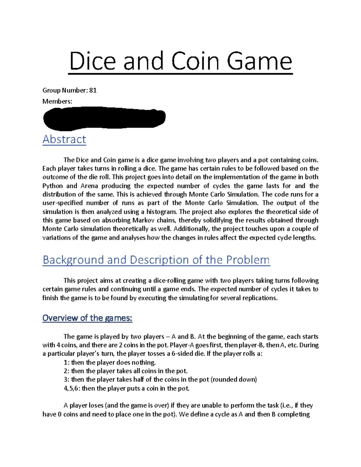 Dice and Coin Game Project Report Group 81 PG 1 - Dice and Coin Game ...