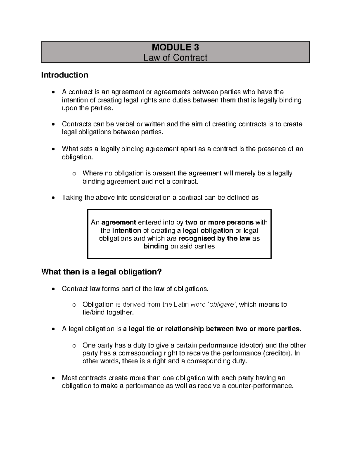 Module 3 - Law of Contract - MODULE 3 Law of Contract Introduction • A contract is an agreement ...