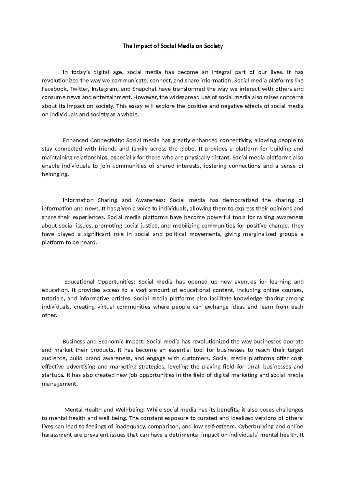 Social- Media Essay - The Impact of Social Media on Society In today’s ...