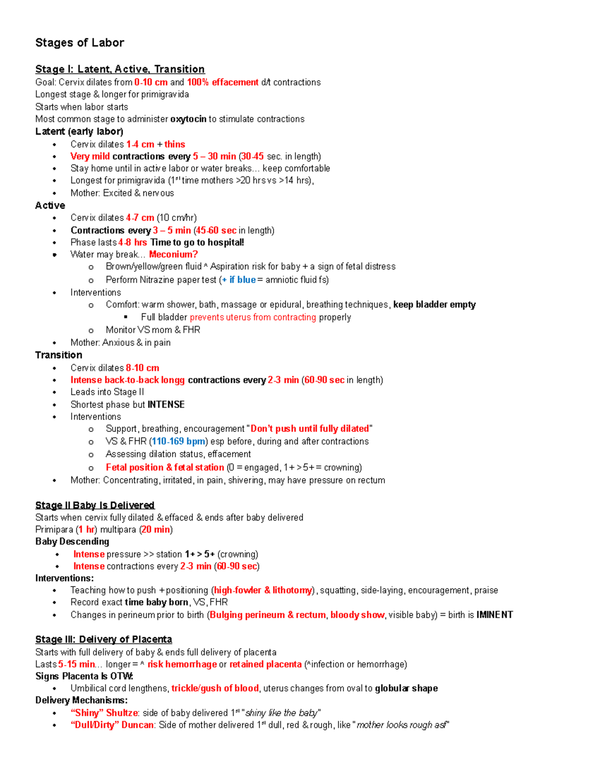 OB Exam 2 Guide - Stages of Labor Stage I: Latent, Active, Transition ...