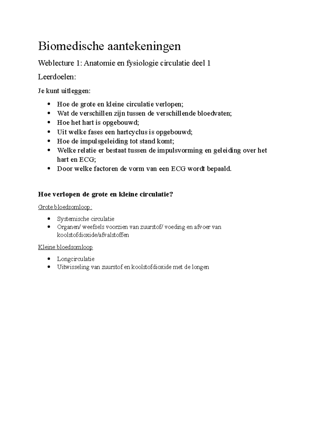 Biomedisch anatomie en fysiologie circulatie deel 1 - Biomedische ...
