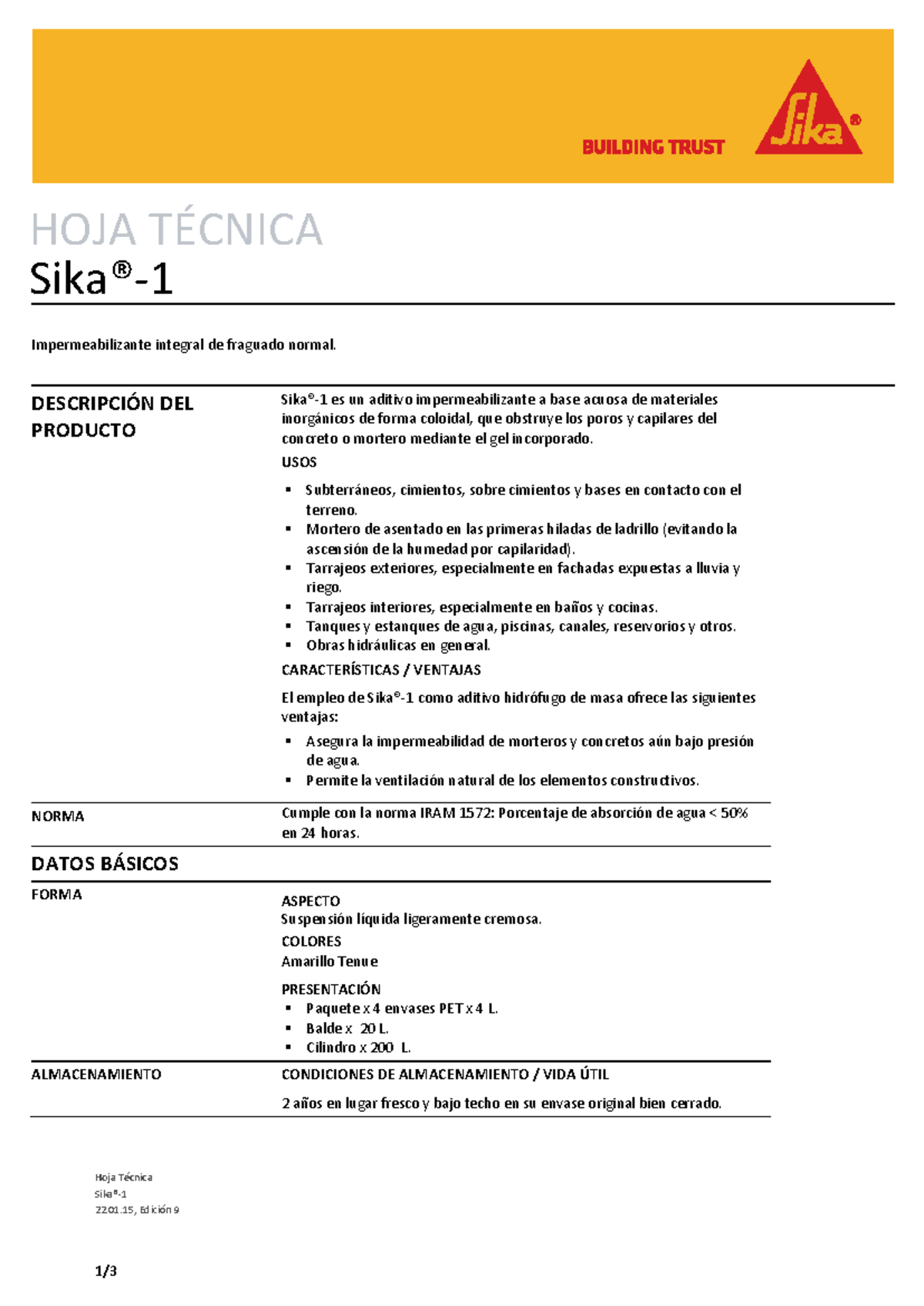 hoja msds seguridad - Hoja Técnica Sika®- 22.01, Edición 9 1/ HOJA ...