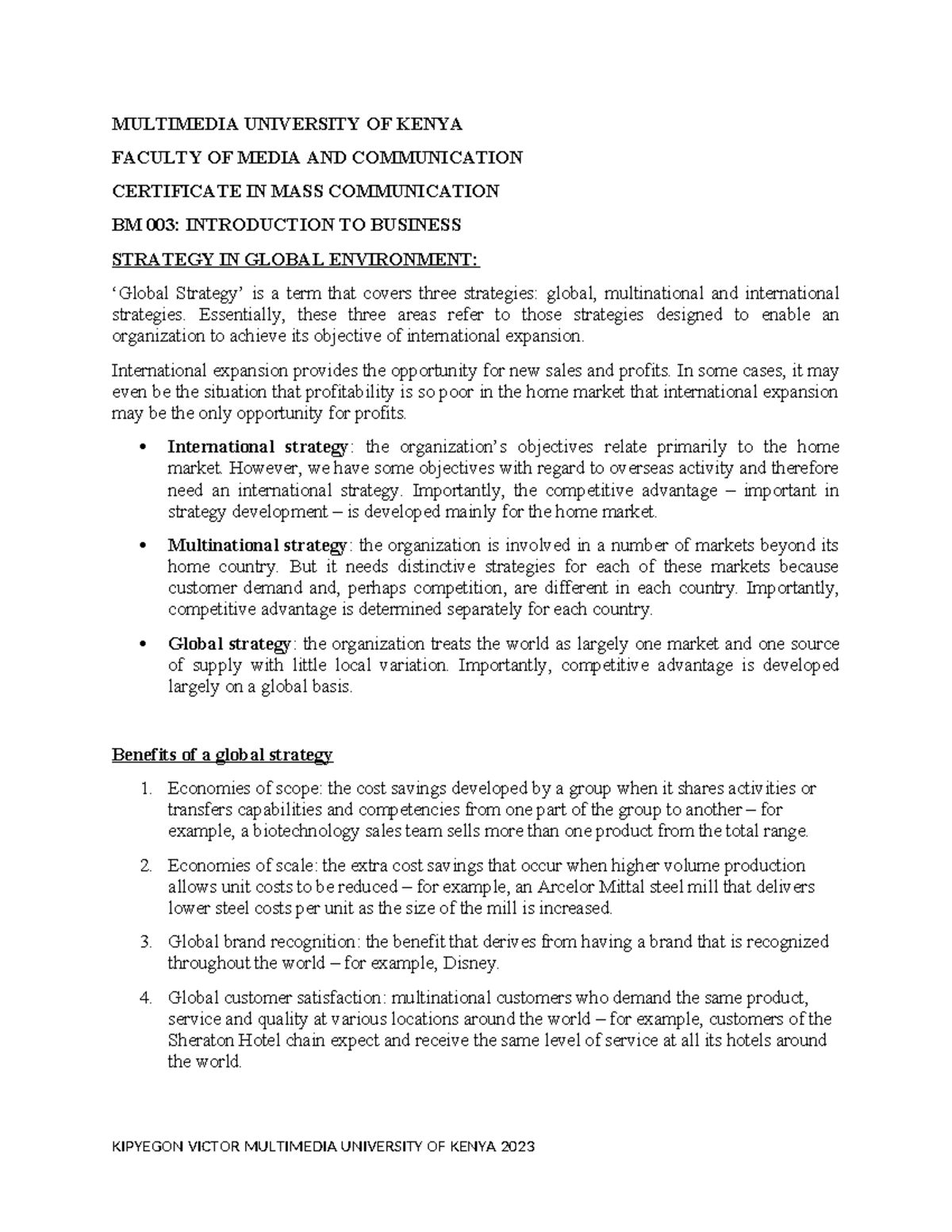Lesson 3 Global strategy - MULTIMEDIA UNIVERSITY OF KENYA FACULTY OF ...