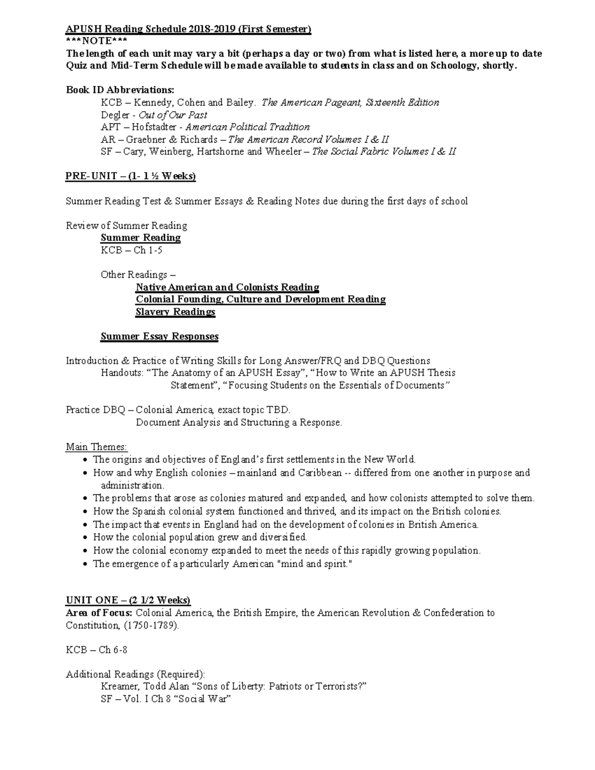 Semester 1 Reading Schedule - APUSH Reading Schedule 2018-2019 (First ...