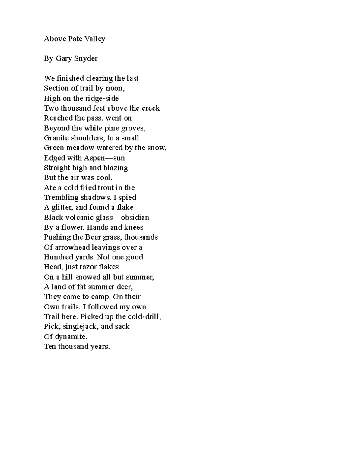 Above PATE Valley - english text - Above Pate Valley By Gary Snyder We ...