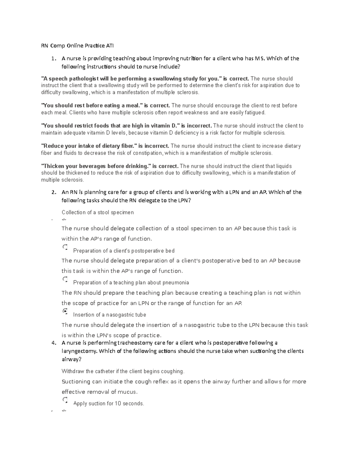 RN Comp Online Practice ATI - Which of the following instructions ...