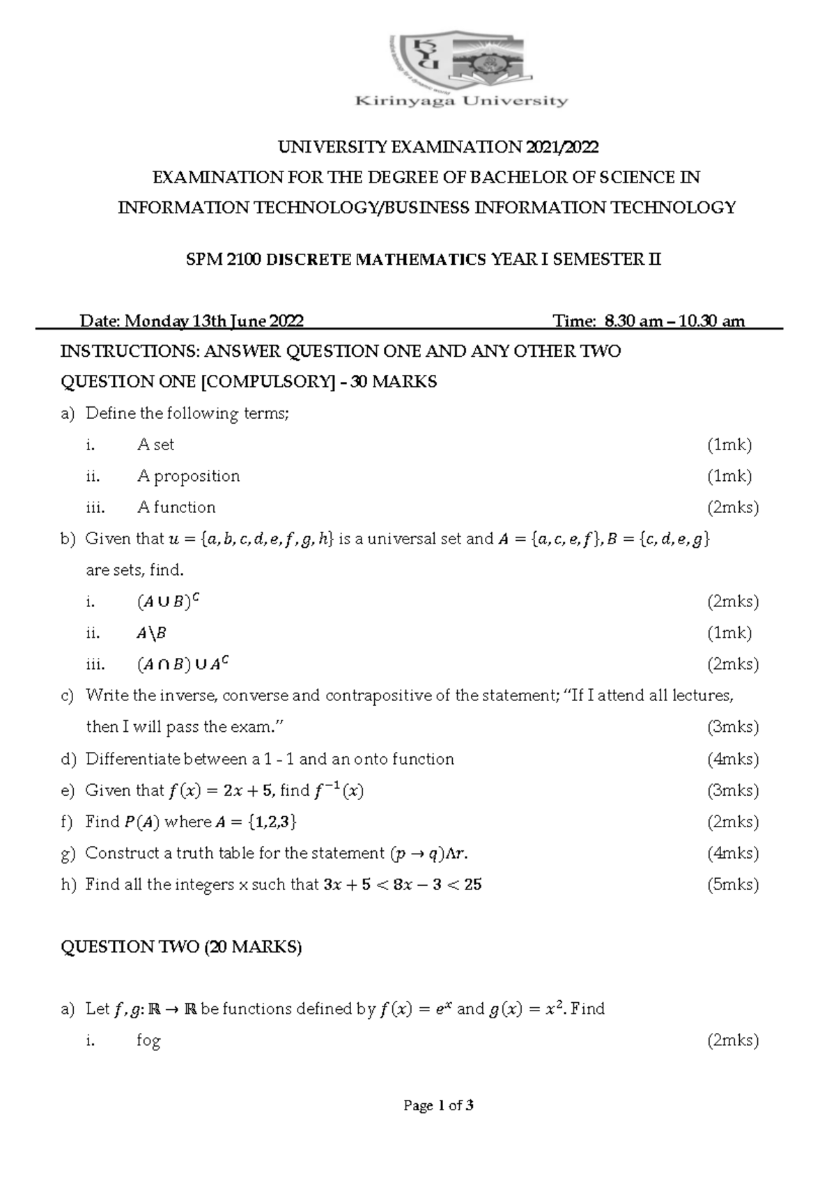 Discrete math exam - Page 1 of 3 UNIVERSITY EXAMINATION 2021/202 2 ...