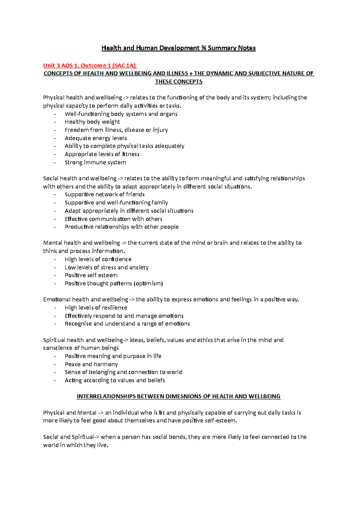 Health and Human Development Notes - Health and Human Development ¾ ...