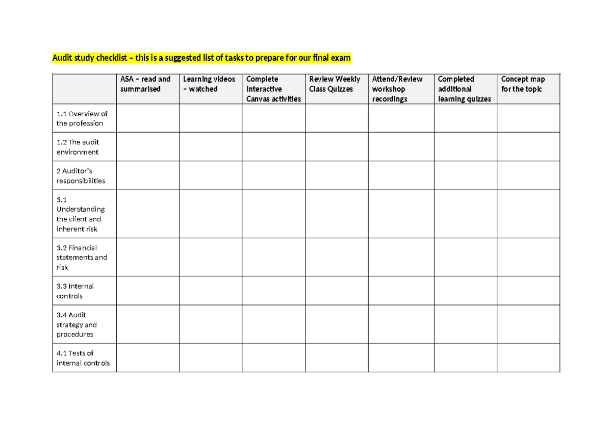 ASA Audit study checklist - Audit study checklist – this is a suggested ...