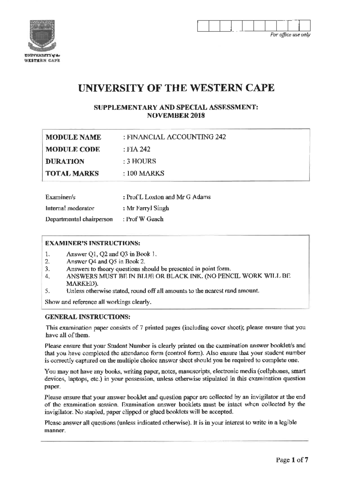 FIA242 2018 11 SU SP - fia 242 - For office use only UNIVERSITY WESTERN ...