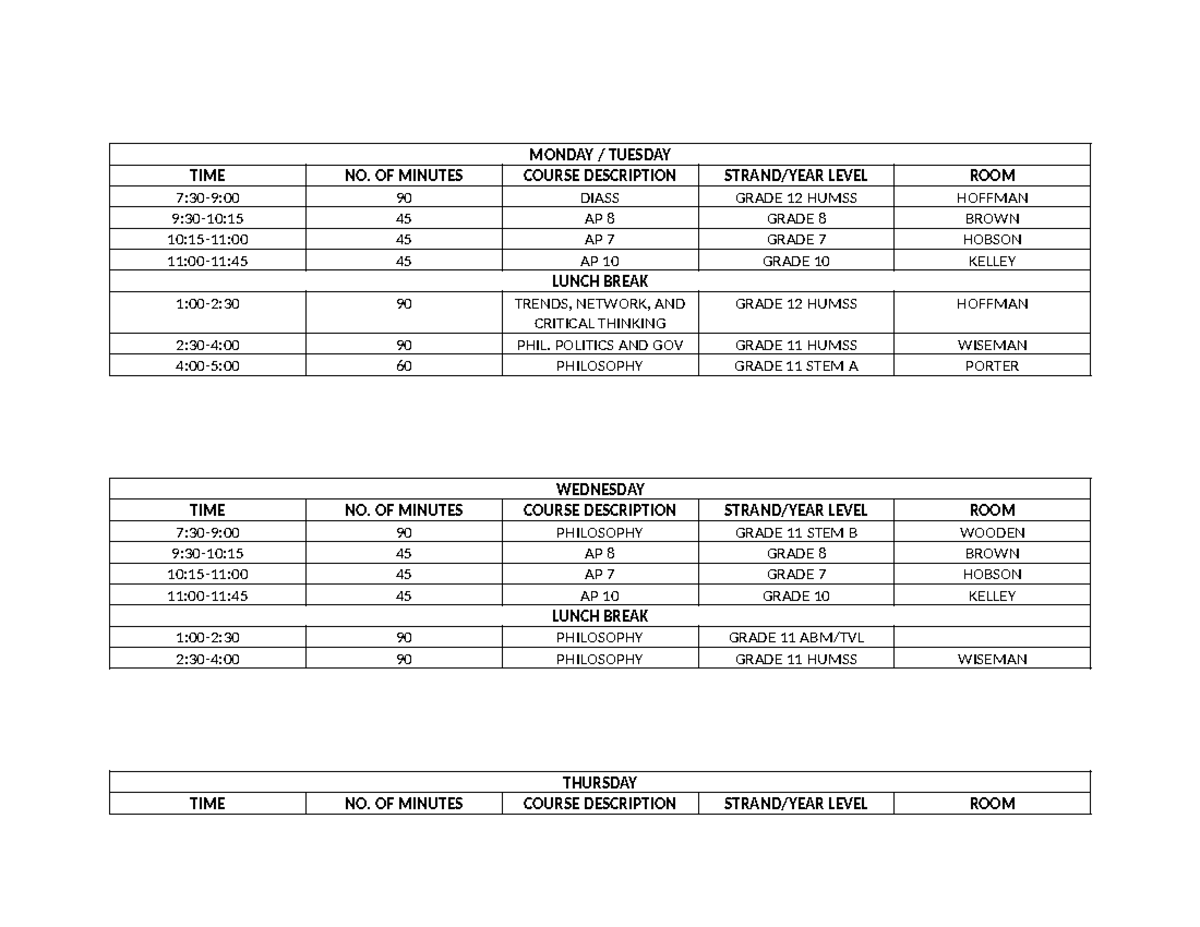 Schedule - www - MONDAY / TUESDAY TIME NO. OF MINUTES COURSE ...