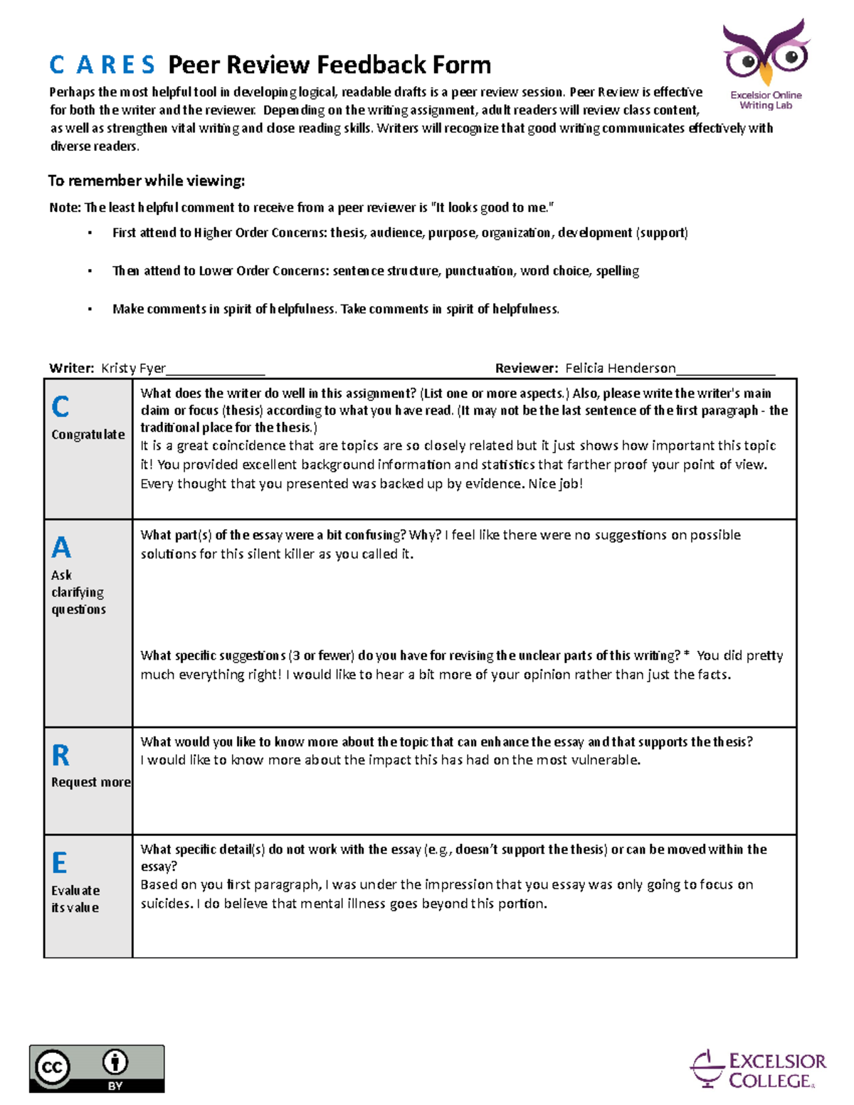 Kristy Fryer peer review - C A R E S Peer Review Feedback Form ...