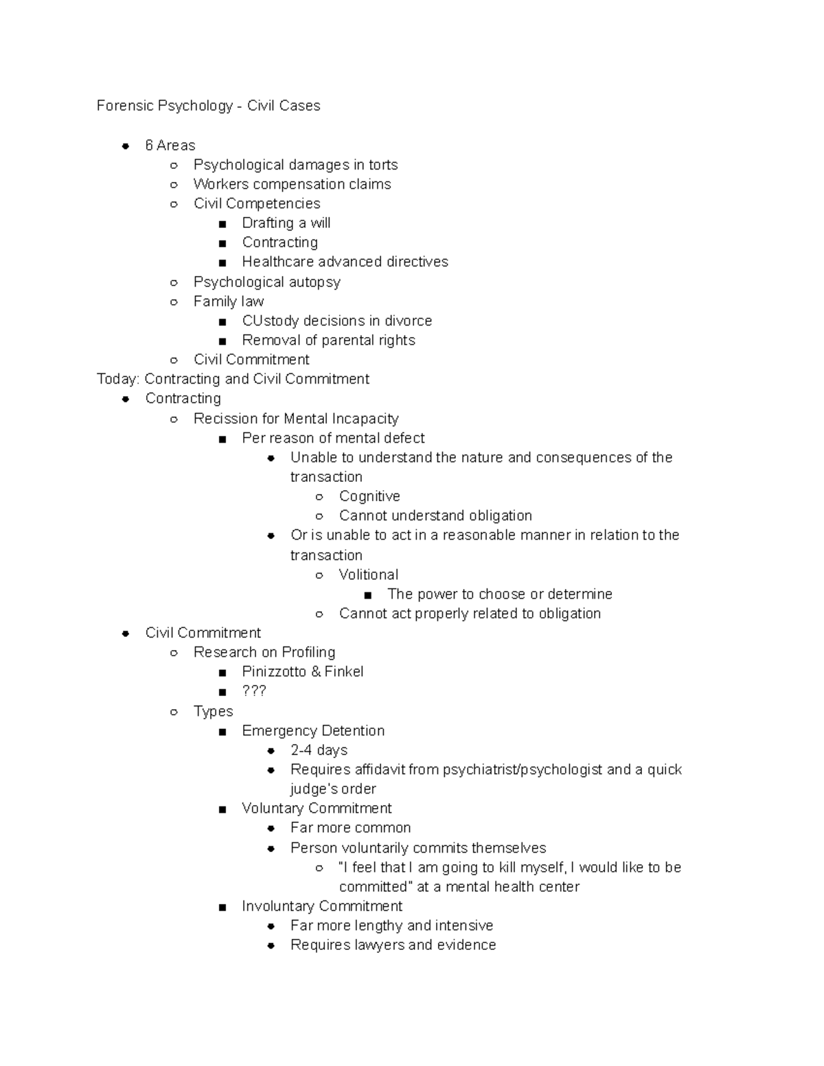 10/30/18 Lecture Notes - Forensic Psychology - Civil Cases 6 Areas ...