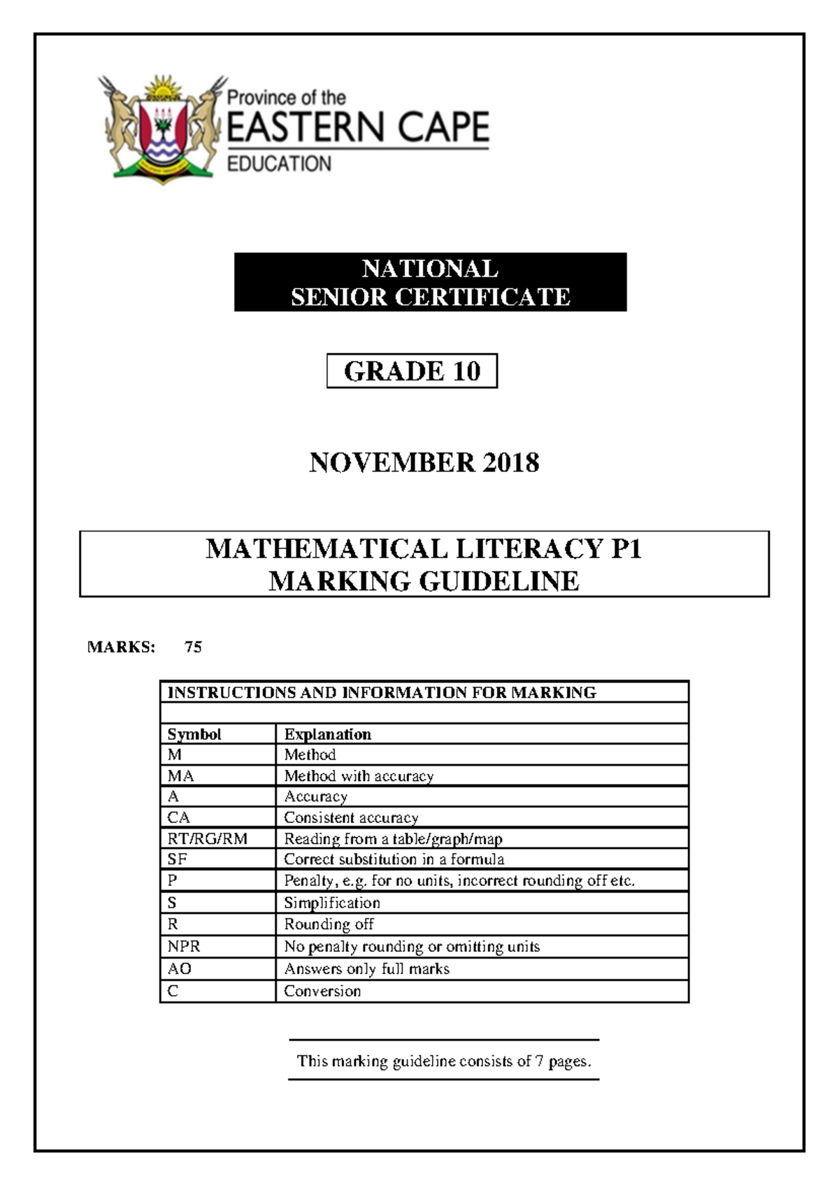 Grade 10 Mathematics Literacy Paper 1 Memo - 2018 - All Past Papers ...