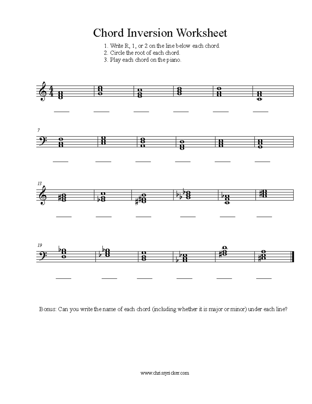Chord inversion worksheet - & 4 4 ww w ww w w ww ww w w ww ww w ? 7 w ...