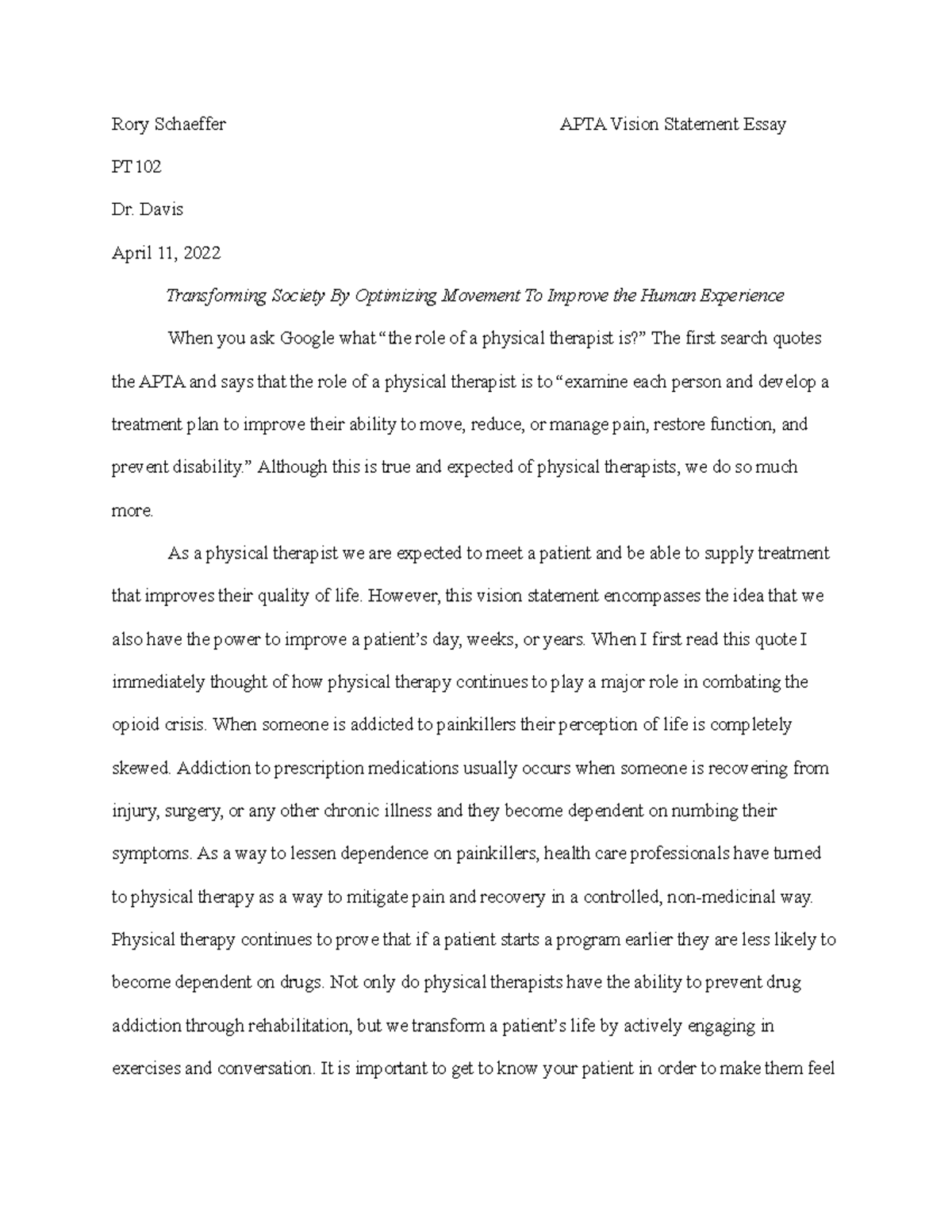 Schaeffer Rory Aptaassignment - Rory Schaeffer APTA Vision Statement ...