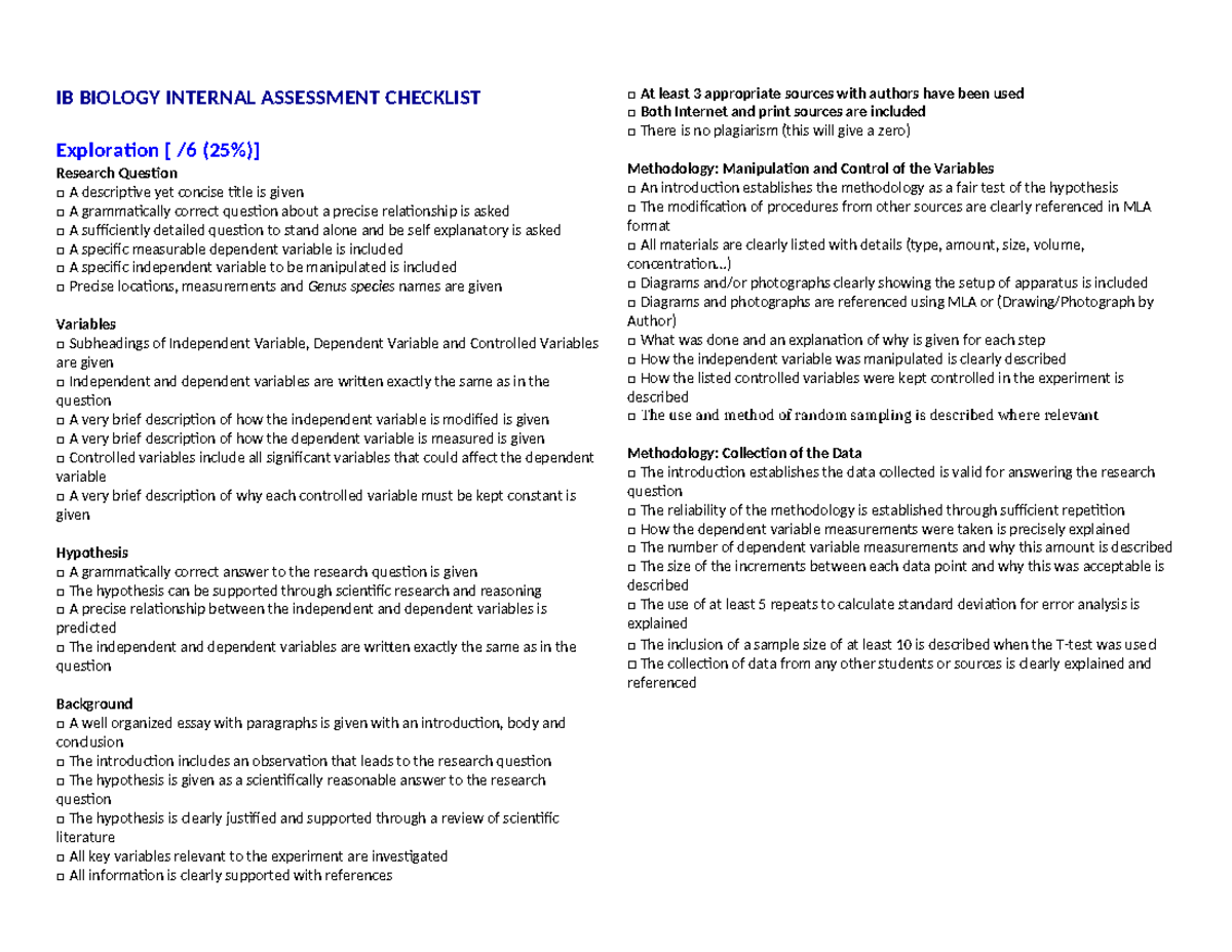 IB Biology IA Checklist - IB BIOLOGY INTERNAL ASSESSMENT CHECKLIST ...