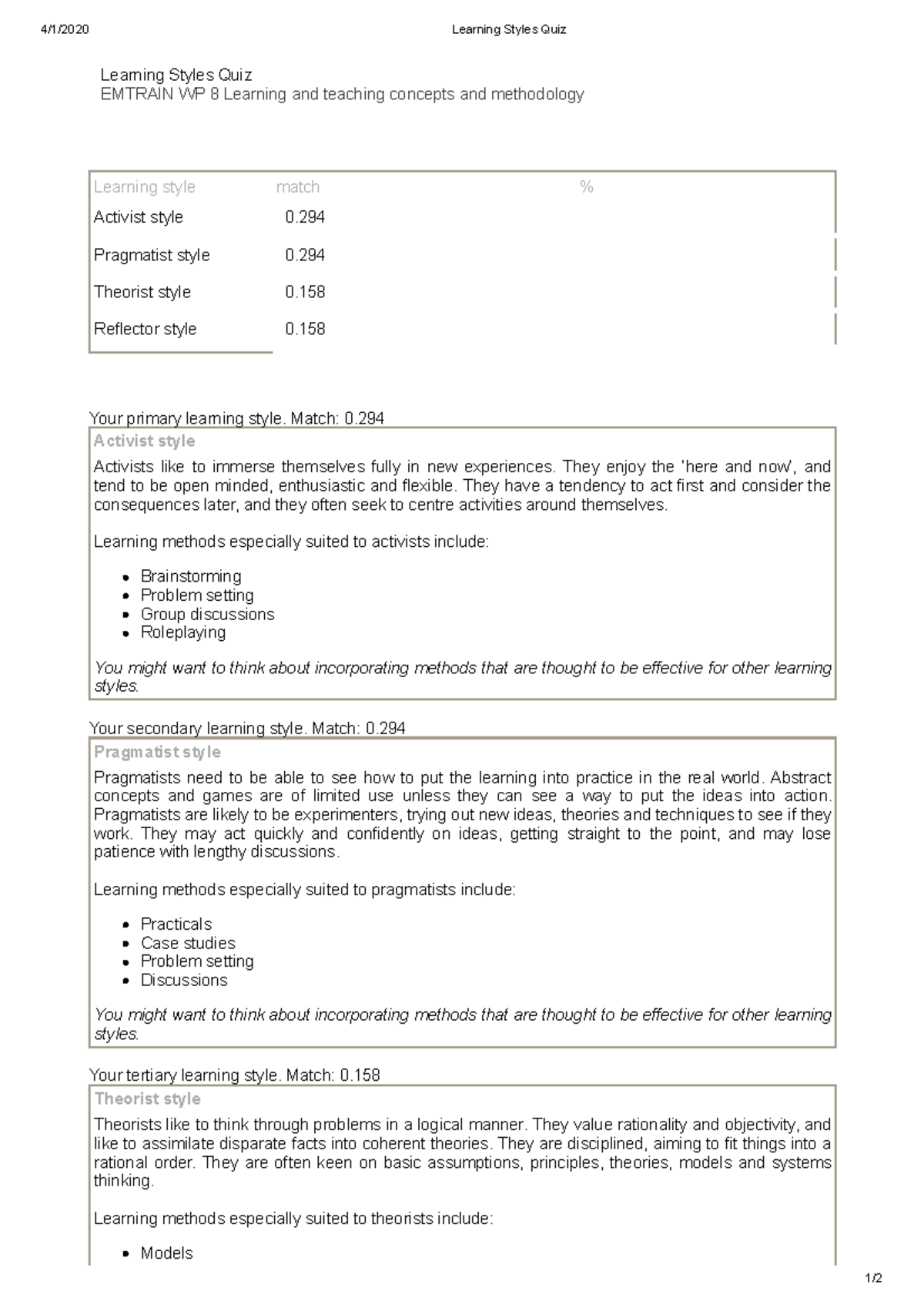 Learning Styles Quiz - access - 4/1/2020 Learning Styles Quiz 1 ...