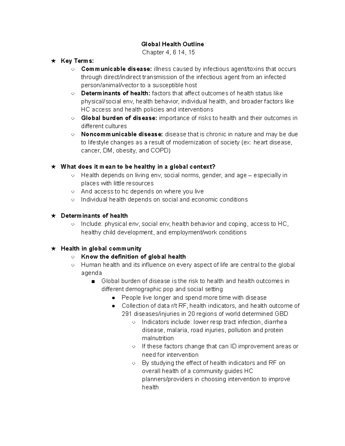 Global Health Outline - Global Health Outline Chapter 4, 6 14, 15 ★ Key ...