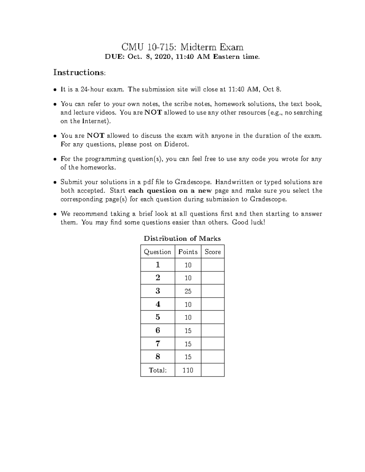 10715 CMU Fall 2020 midterm soln - CMU 10-715: Midterm Exam DUE: Oct. 8 ...