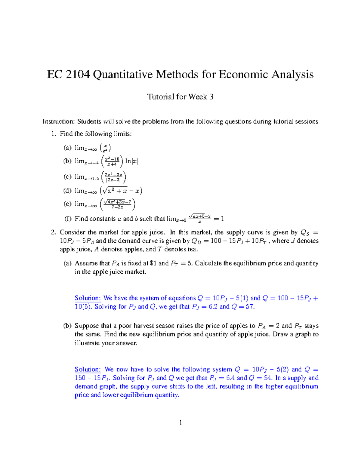 Tutorial 1 Week 3 answers - EC 2104 Quantitative Methods for Economic Analysis Tutorial for Week ...
