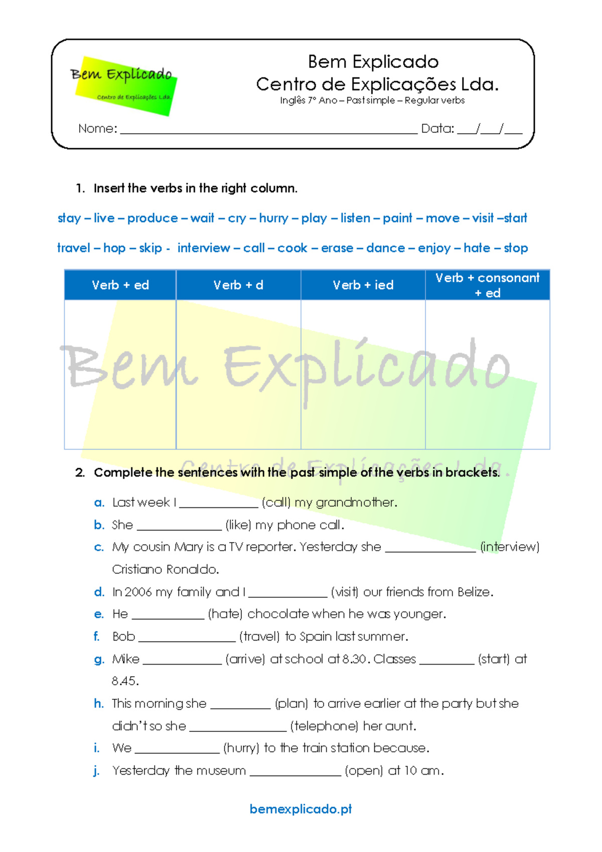3.10 Ficha de Trabalho - Past simple regular verbs - bemexplicado Bem ...