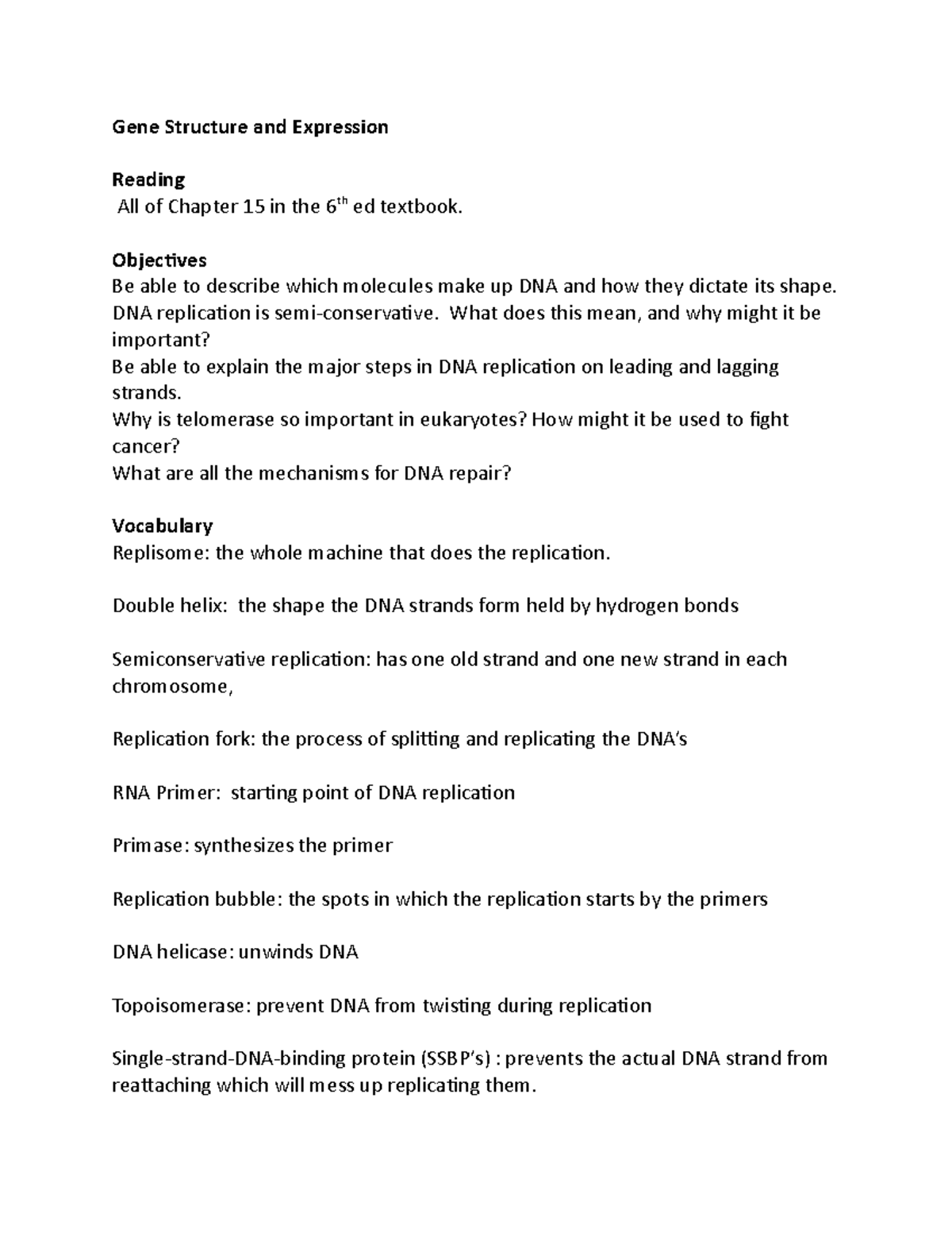 Notes-ch15 - notes for bio exam - Gene Structure and Expression Reading ...
