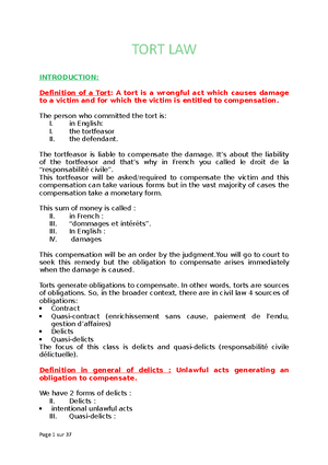 Tort Law - Fiche de révision - Tort Law Transnational approach/ droit ...