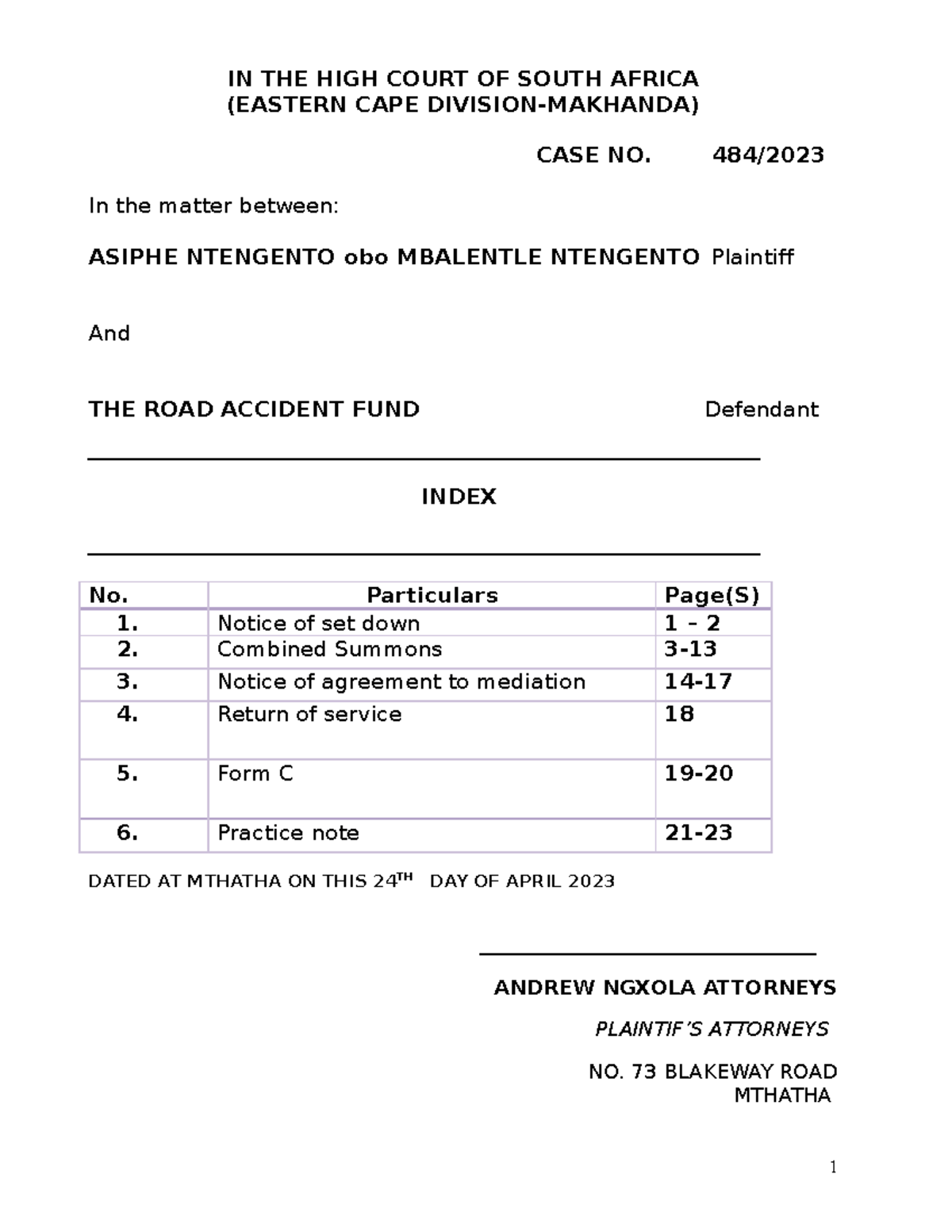 Default judgment - IN THE HIGH COURT OF SOUTH AFRICA (EASTERN CAPE DIVISION-MAKHANDA) CASE NO ...