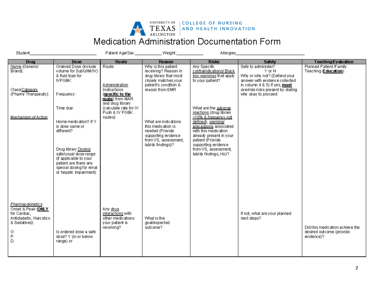 Medication Administration Sheet - Student ...