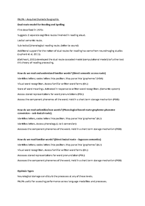 PALPA and Dyslexia - PALPA – Acquired Dyslexia Dysgraphia Dual route ...