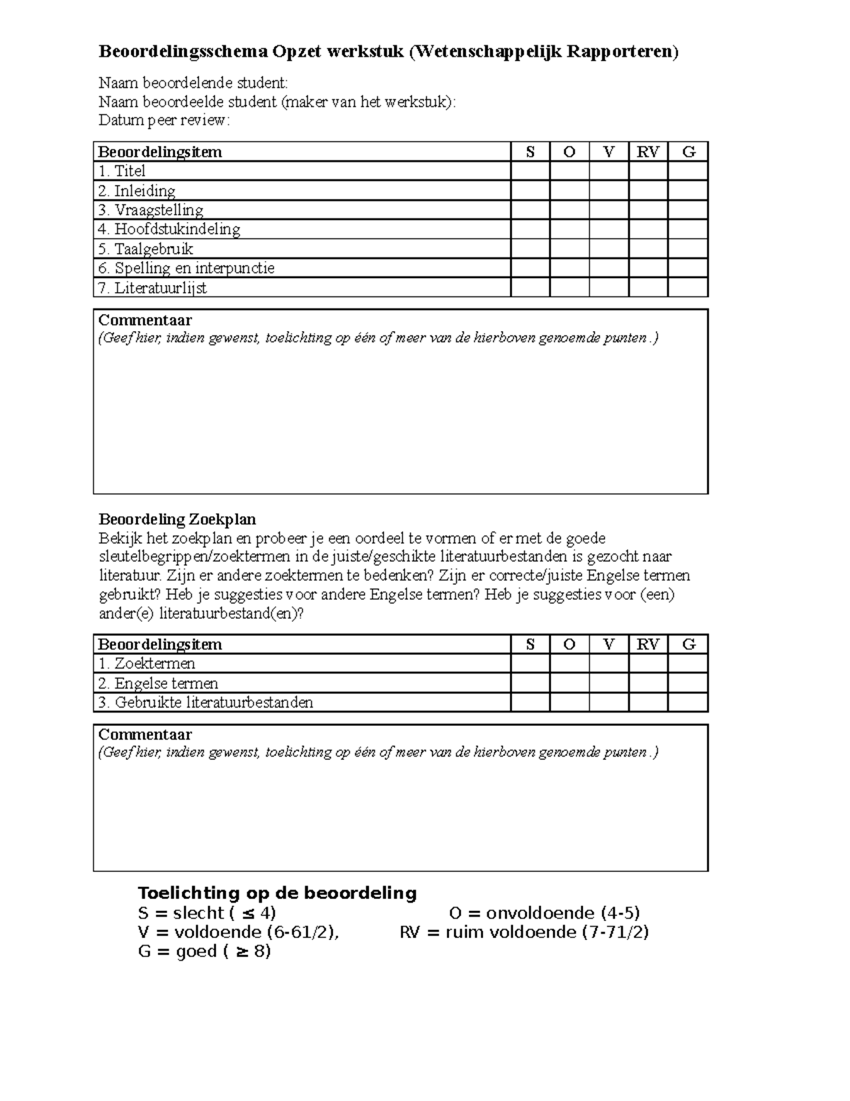 Peer review opzet - Beoordelingsschema Opzet werkstuk (Wetenschappelijk ...