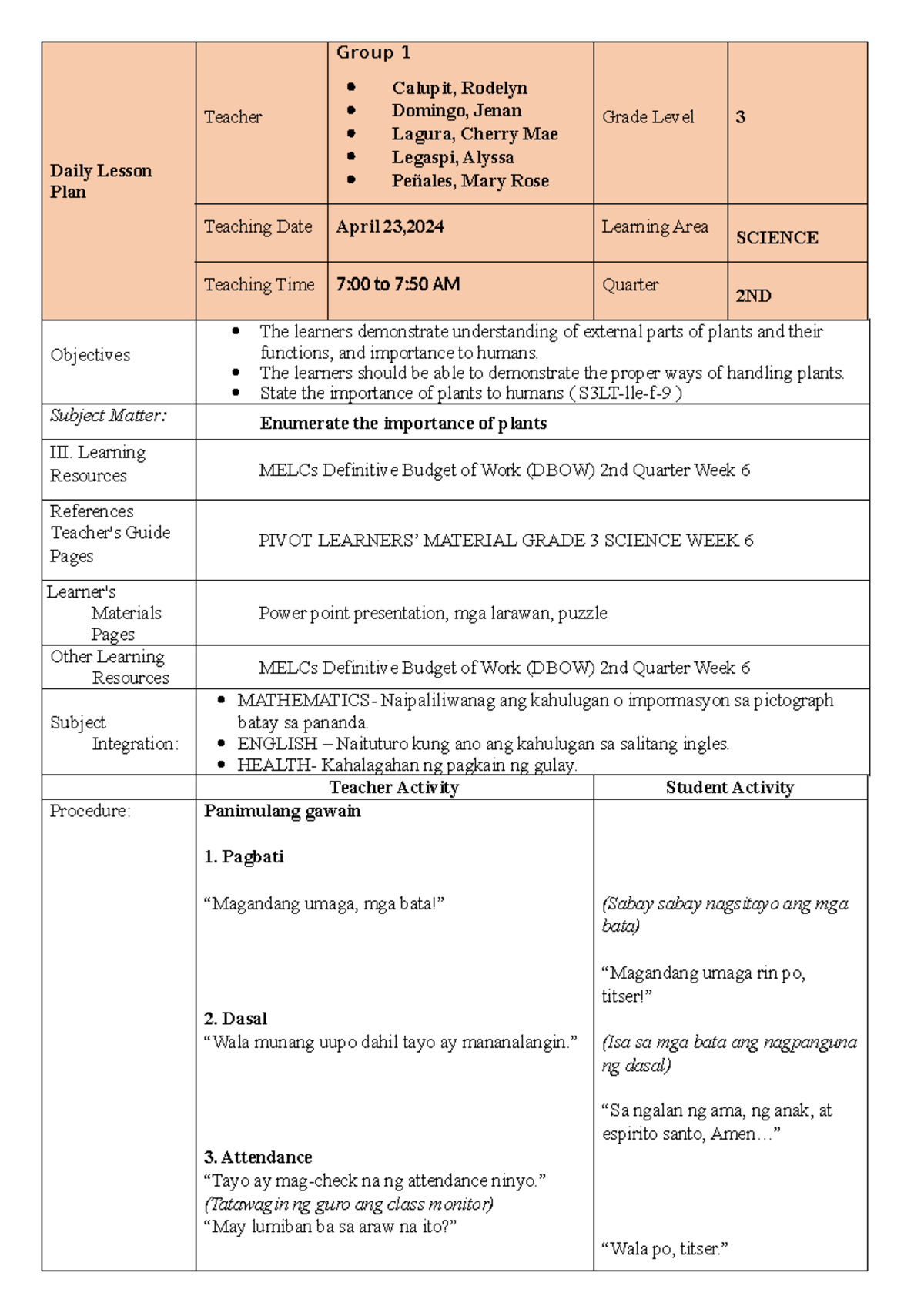 Daily-Lesson-Plan - Daily Lesson Plan Teacher Group 1 Calupit, Rodelyn ...