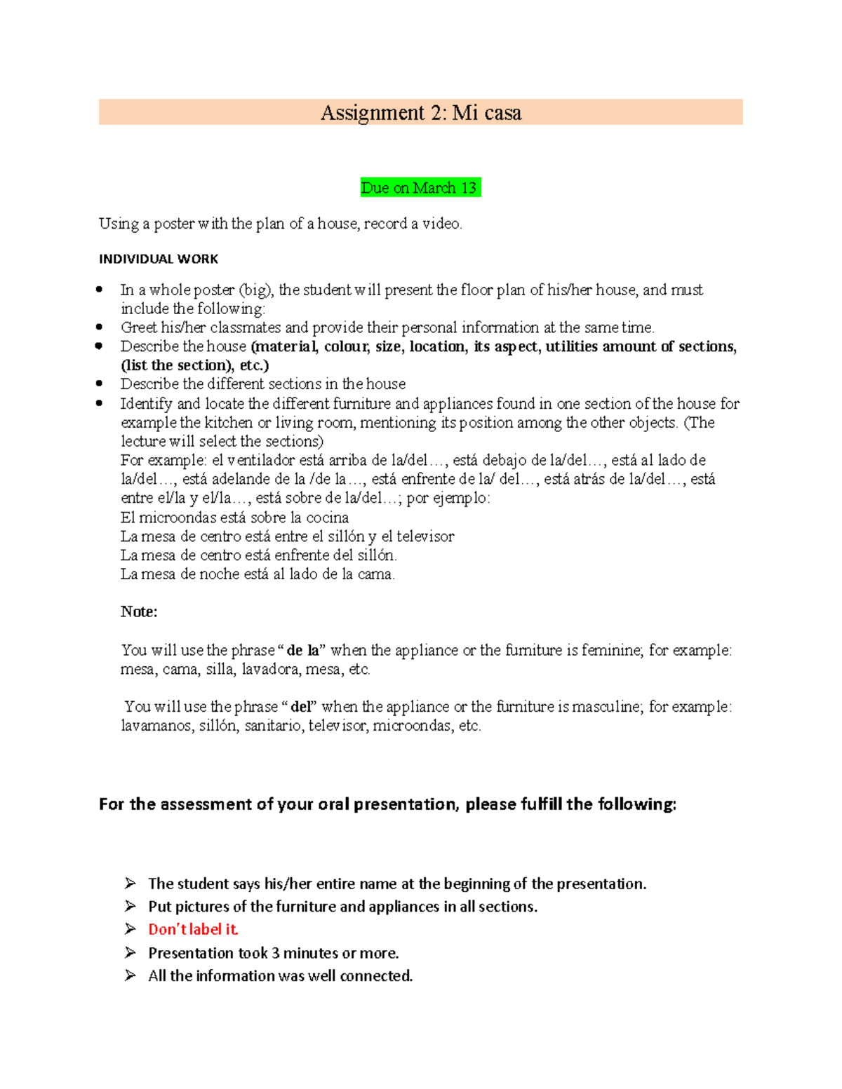 Assignment 2 Micasa - Describe your house - Assignment 2: Mi casa Due ...