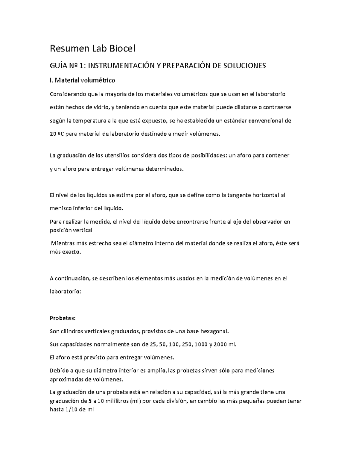 Resumen Lab Biocel - Resumen Lab Biocel GUÕA N∫ 1: INSTRUMENTACI”N Y PREPARACI”N DE SOLUCIONES I ...