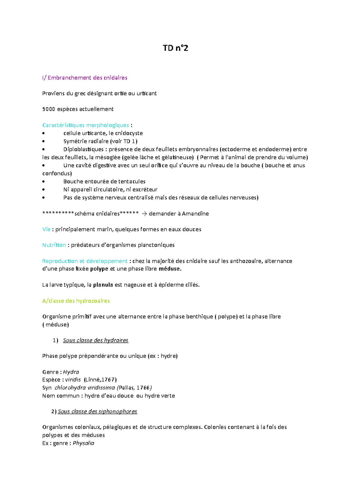 Bio - TD2 - Les cnidaires - Warning: TT: undefined function: 32 TD n° I/ Embranchement des ...