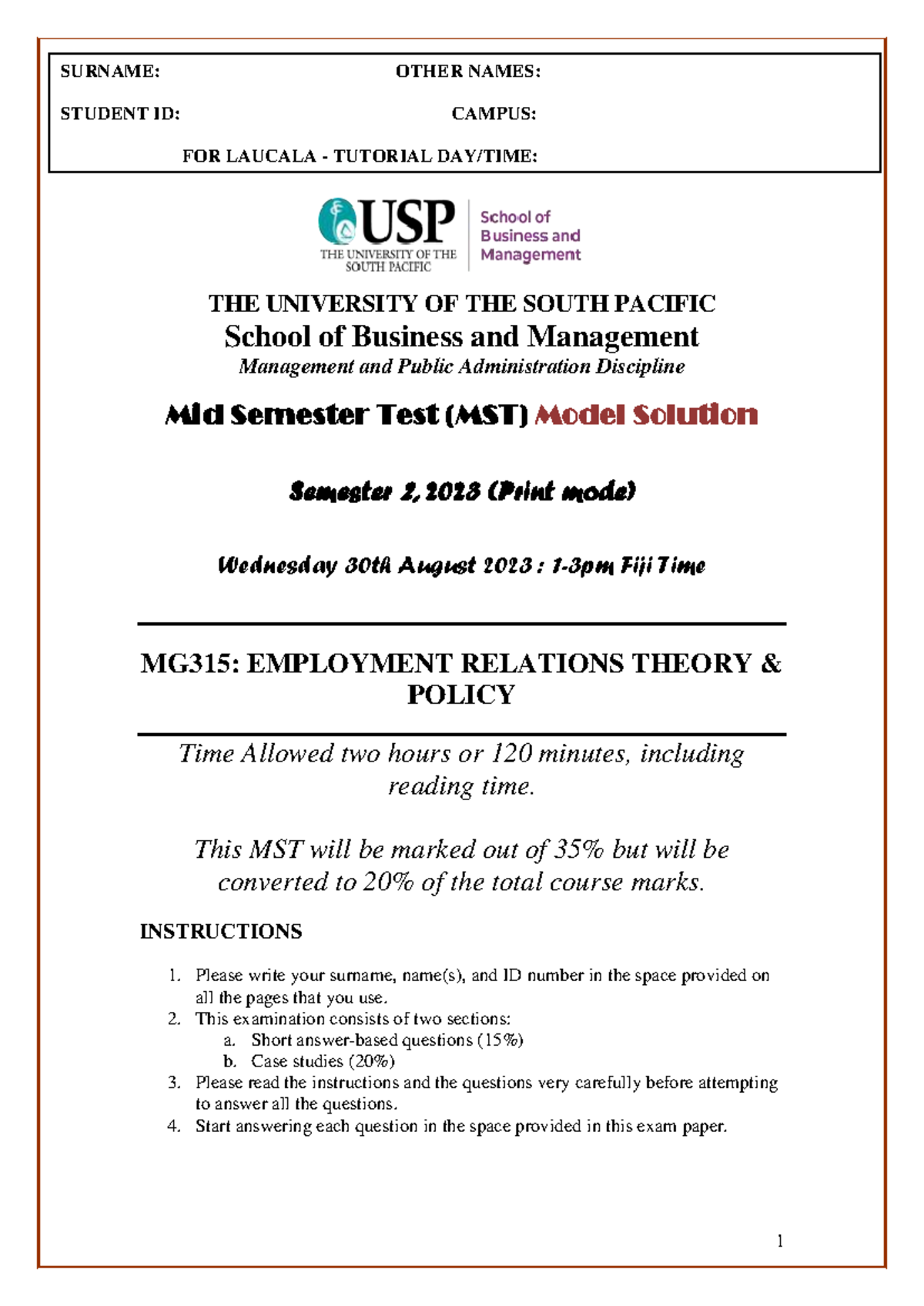MST model solution - STUDENT ID: CAMPUS: FOR LAUCALA - TUTORIAL DAY ...
