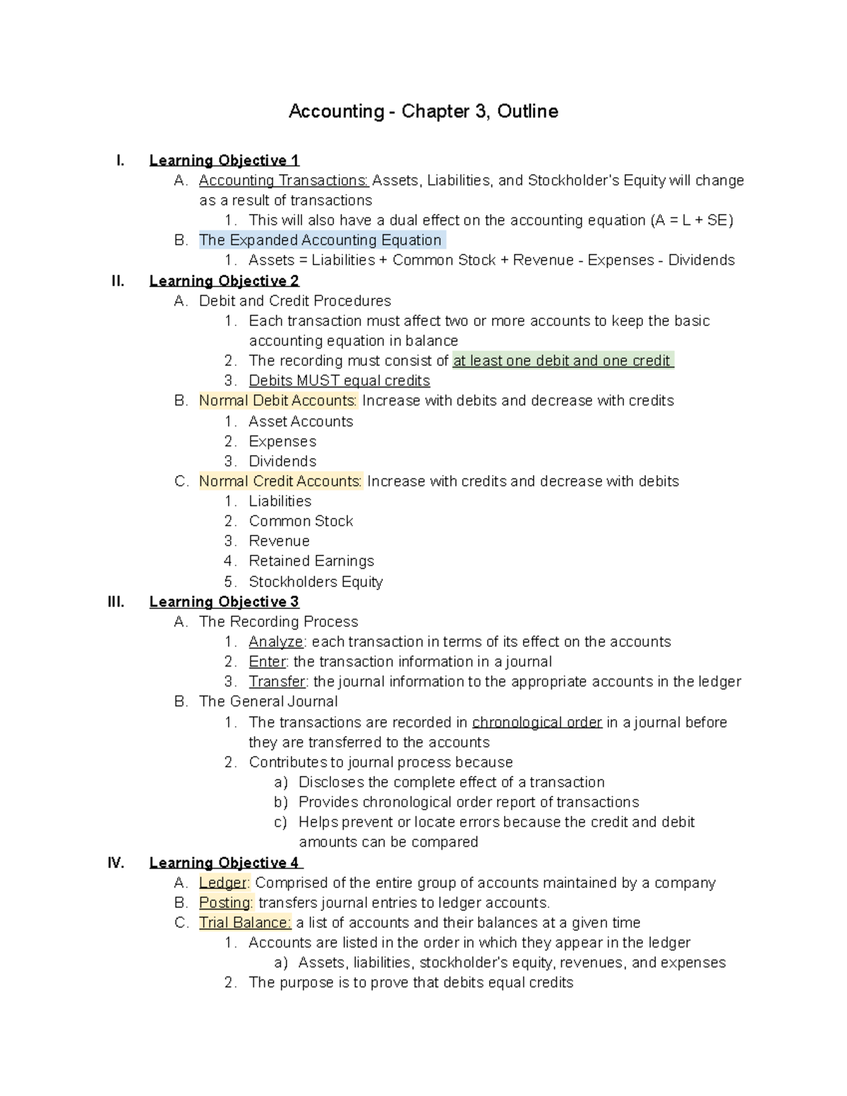 Accounting - Chapter 3, Outline - Accounting - Chapter 3, Outline I. Learning Objective 1 A ...