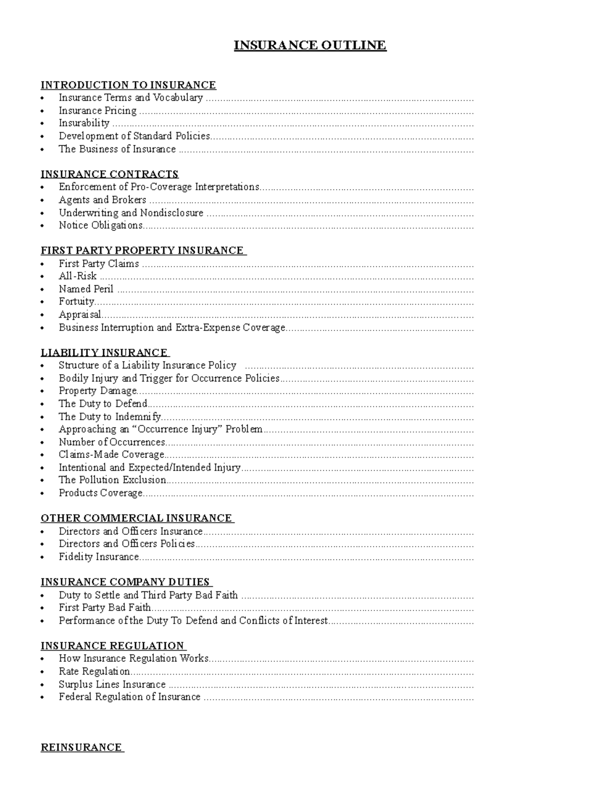 Insurance Outline - INSURANCE OUTLINE INTRODUCTION TO INSURANCE ...