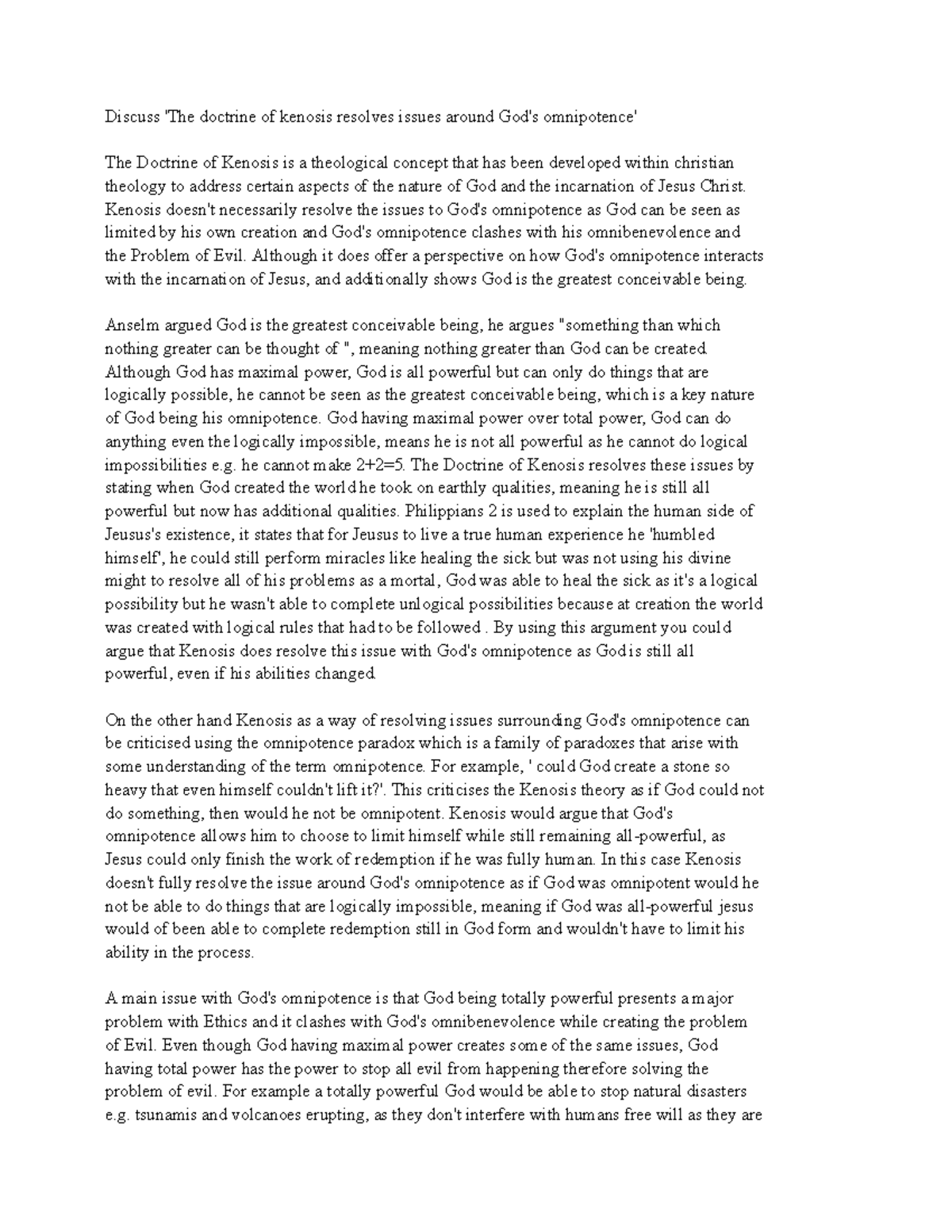Untitled document - extra help - Discuss 'The doctrine of kenosis ...