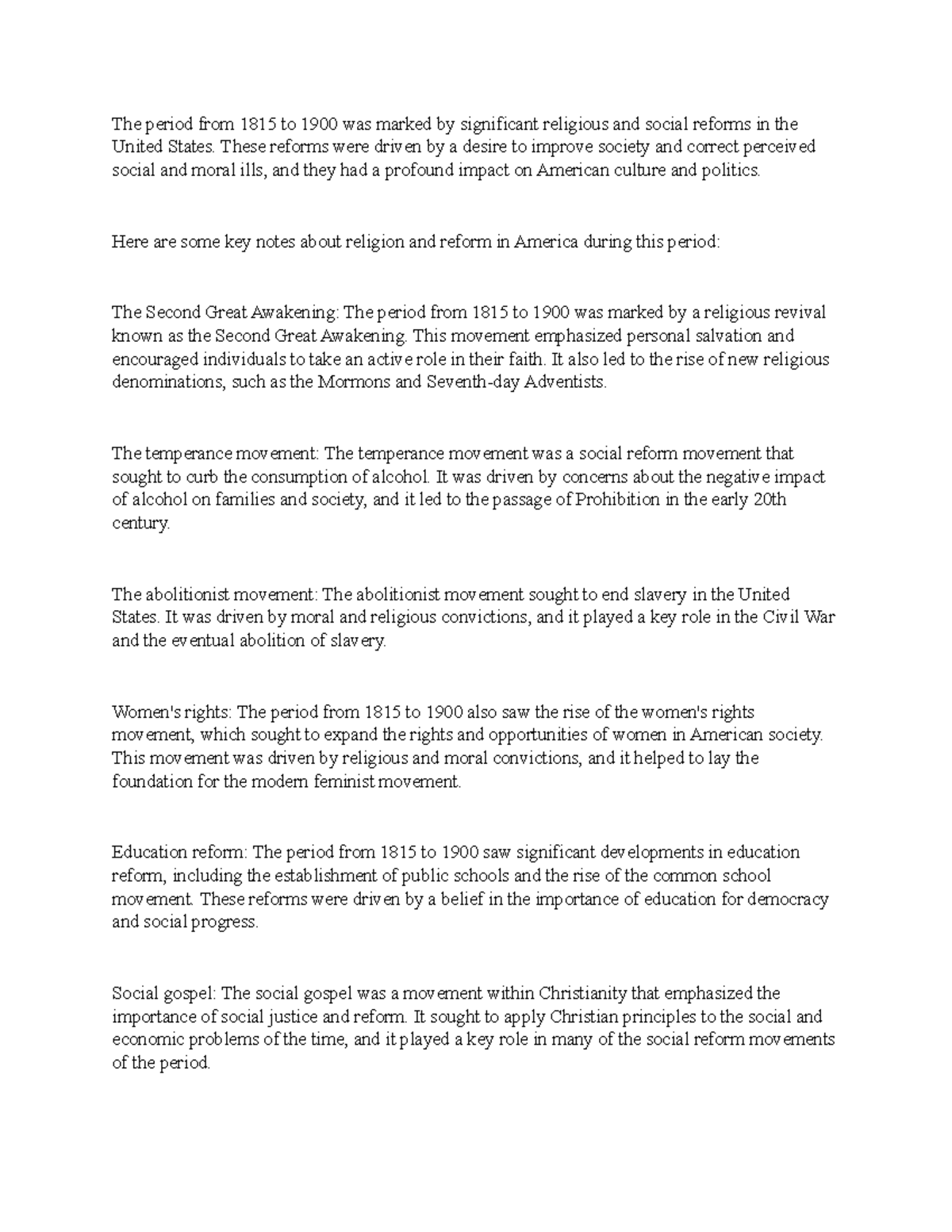 H3 - Notes about Religion and Reform in America United States History ...