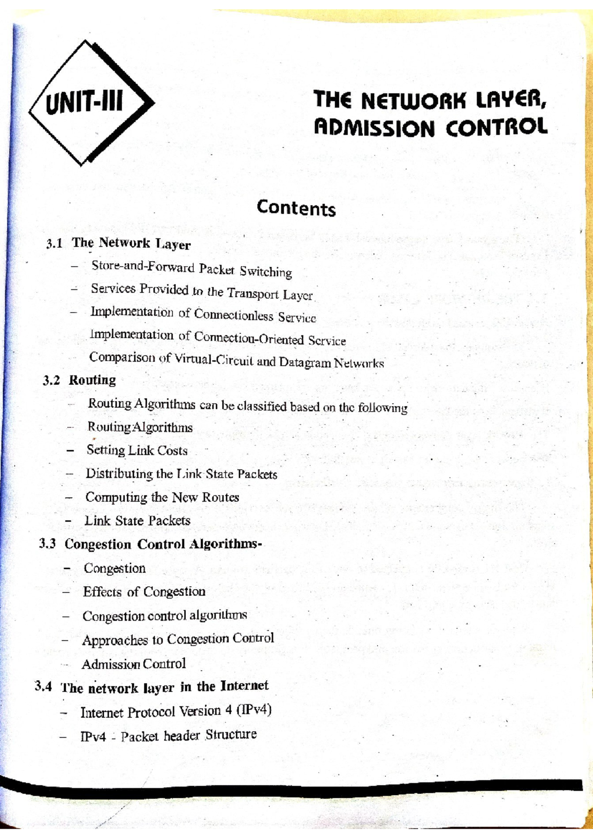 Cn unit 3 - ccn - THE NETWORK LAYER, ADMISSION CONTROL Contents 3 The Network Layer Packet ...